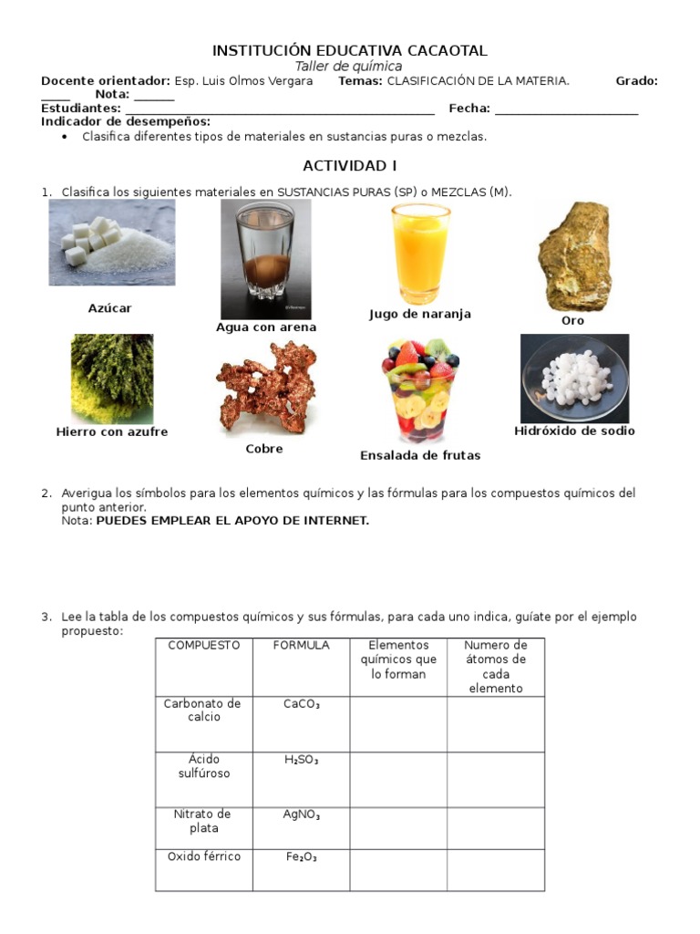 Taller Clasificación de La Materia | Elementos químicos | Mezcla