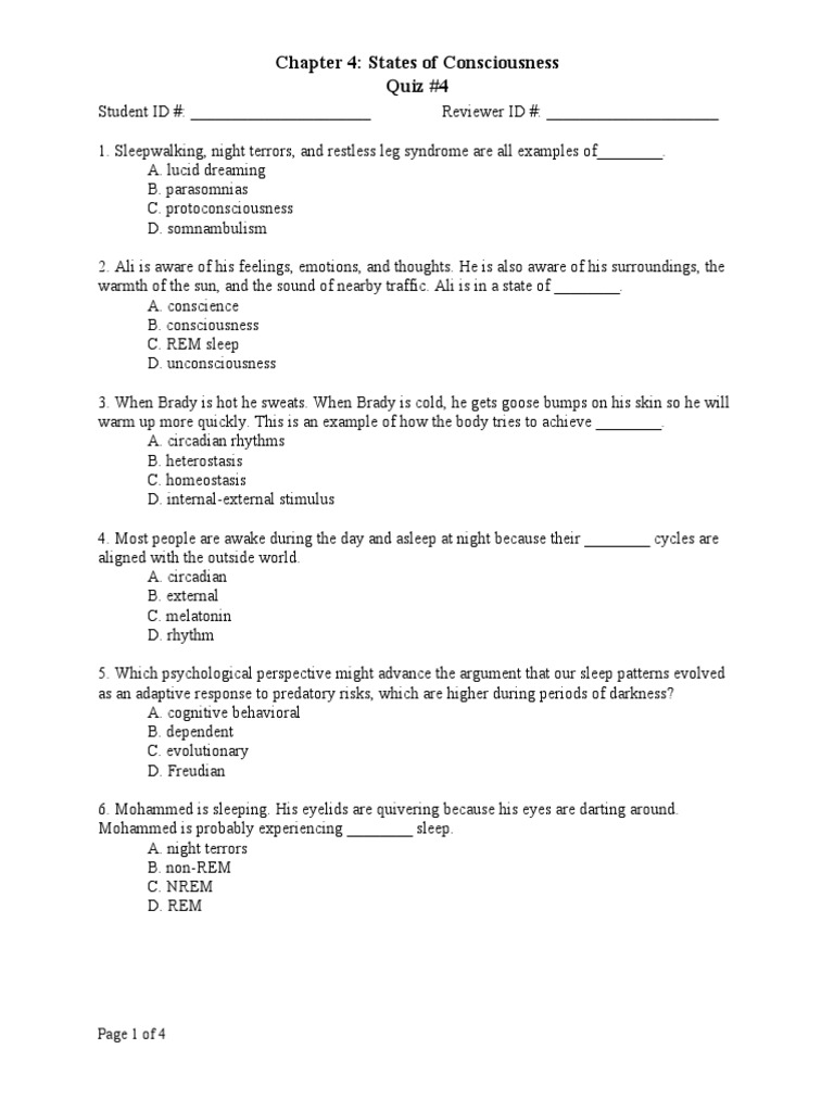 ch04 - States of Conciousness - Quiz 1 | PDF | Sleep | Hypnosis