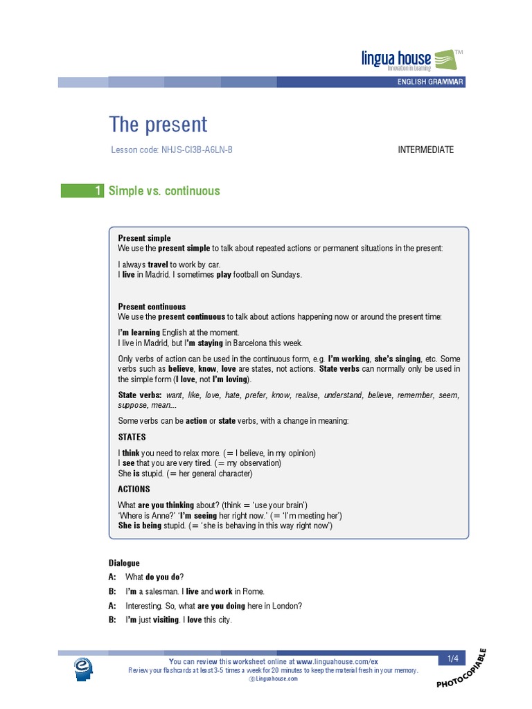 Present Simple vs. Continuous Guide | PDF | English Grammar | English ...