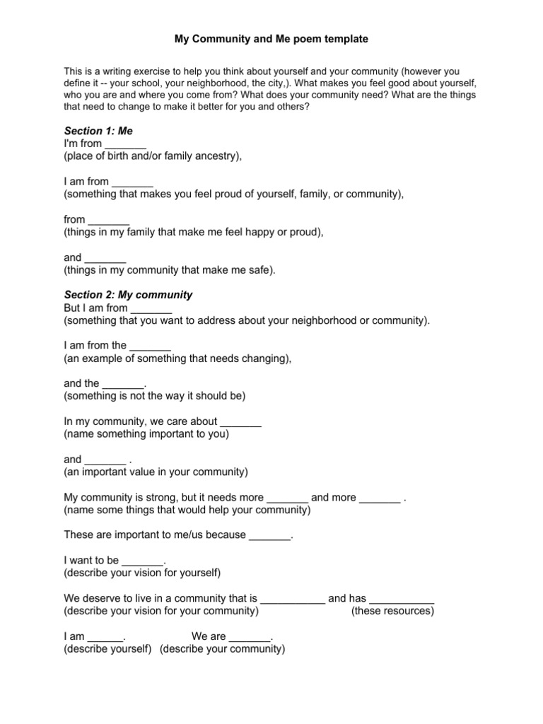 My Community and Me Poem Template 2017 | PDF | Career & Growth | Social ...