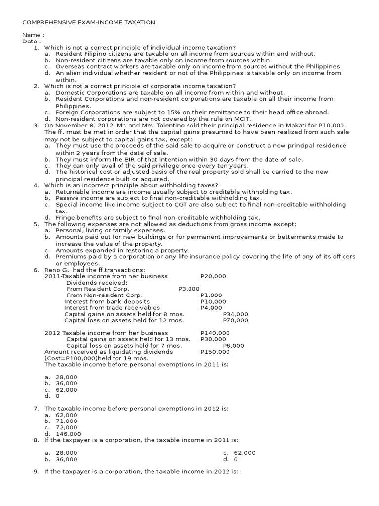 Income Taxation Exam Questions | PDF | Capital Gains Tax | Employee ...