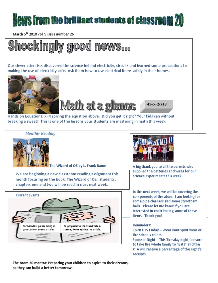 5th Grade Classroom Newsletter Revised | PDF | The Wonderful Wizard Of ...