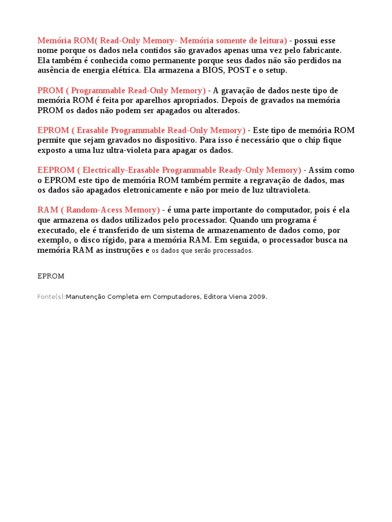 Tipos de Memórias - Rom, Prom, Eprom, Eeprom e Ram | PDF | Memória de ...