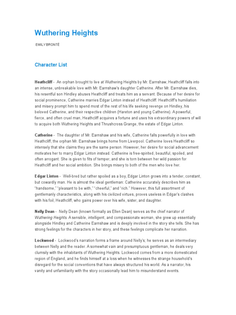 Wuthering Heights - Character List | PDF | Heathcliff (Wuthering ...