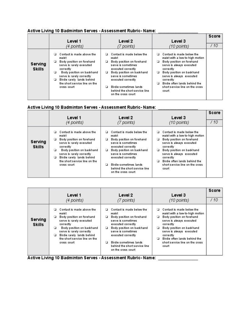 Active Living 10 Badminton Rubric 2 | PDF | Summer Olympic Games | Hobbies
