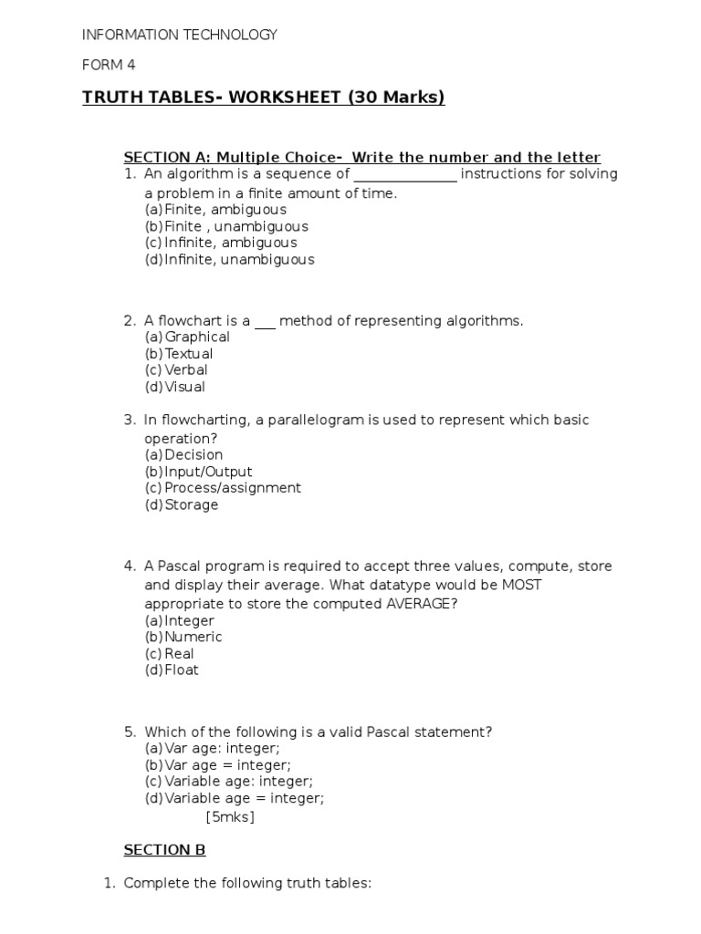 Truth Tables-Worksheet (30 Marks) : SECTION A: Multiple Choice - Write ...
