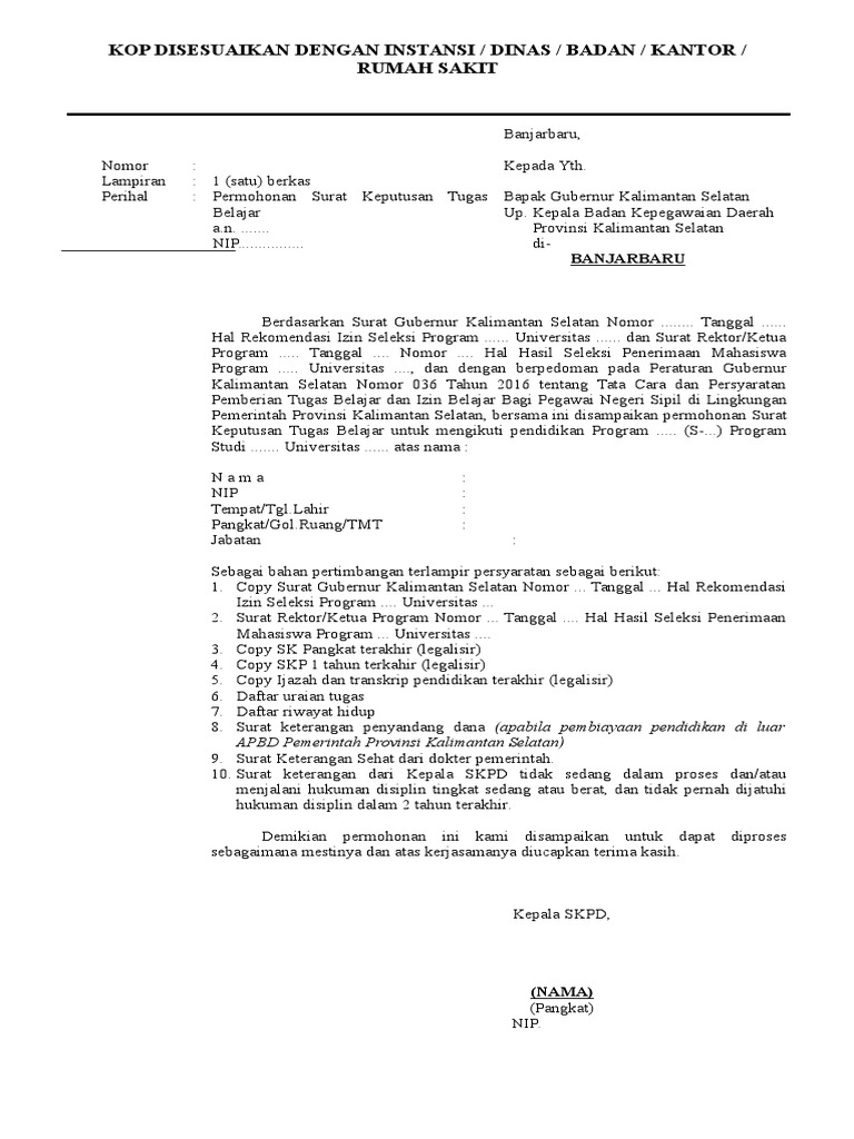 Contoh Surat Permohonan SK Tugas Belajar | PDF