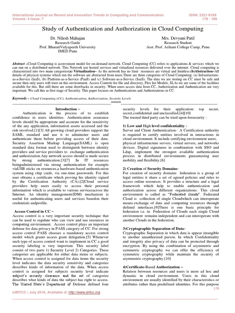 Study of Authentication and Authorization in Cloud Computing | PDF ...