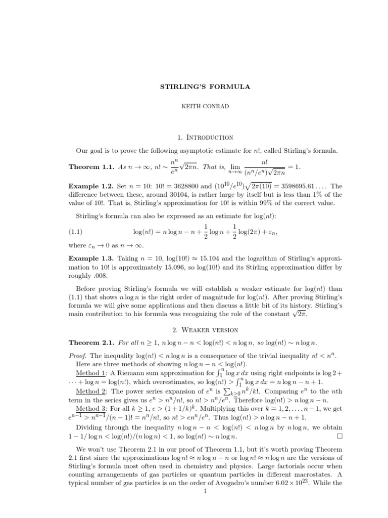 Stirling's Formula and Its Proof | PDF | Logarithm | Pi