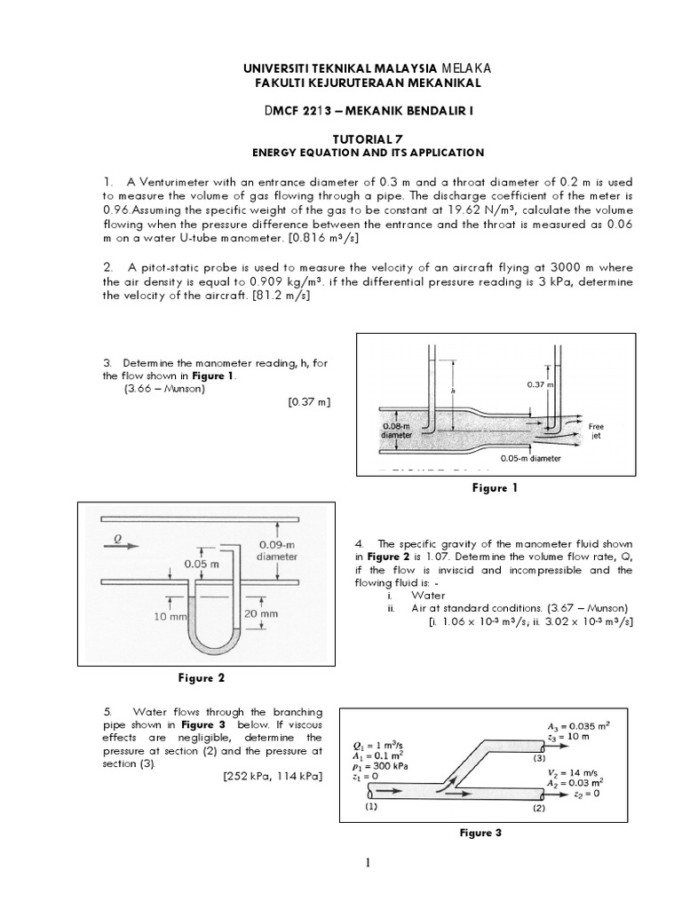 Tutorial 7 - DMCF 2213 (Energy Equation) | PDF | Fluid Dynamics | Pressure Measurement