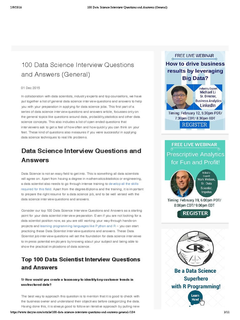 100 Data Science Interview Questions and Answers (General) | PDF | Logistic Regression ...