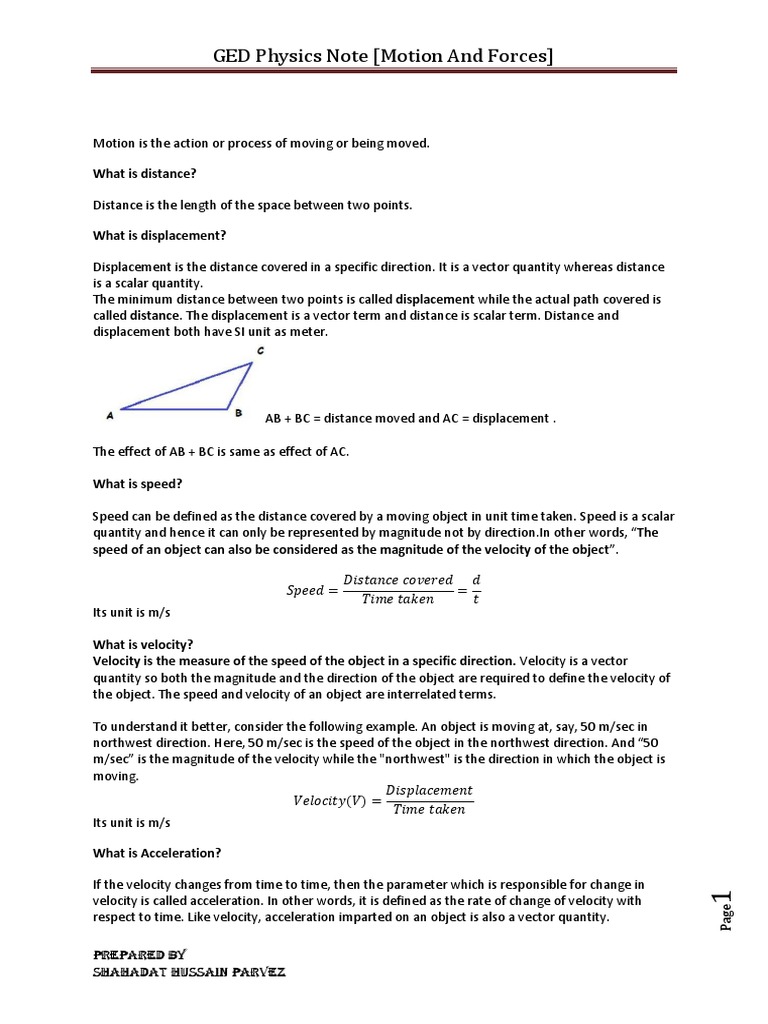 GED Physics Note1 (Motion and Forces) | PDF | Velocity | Force