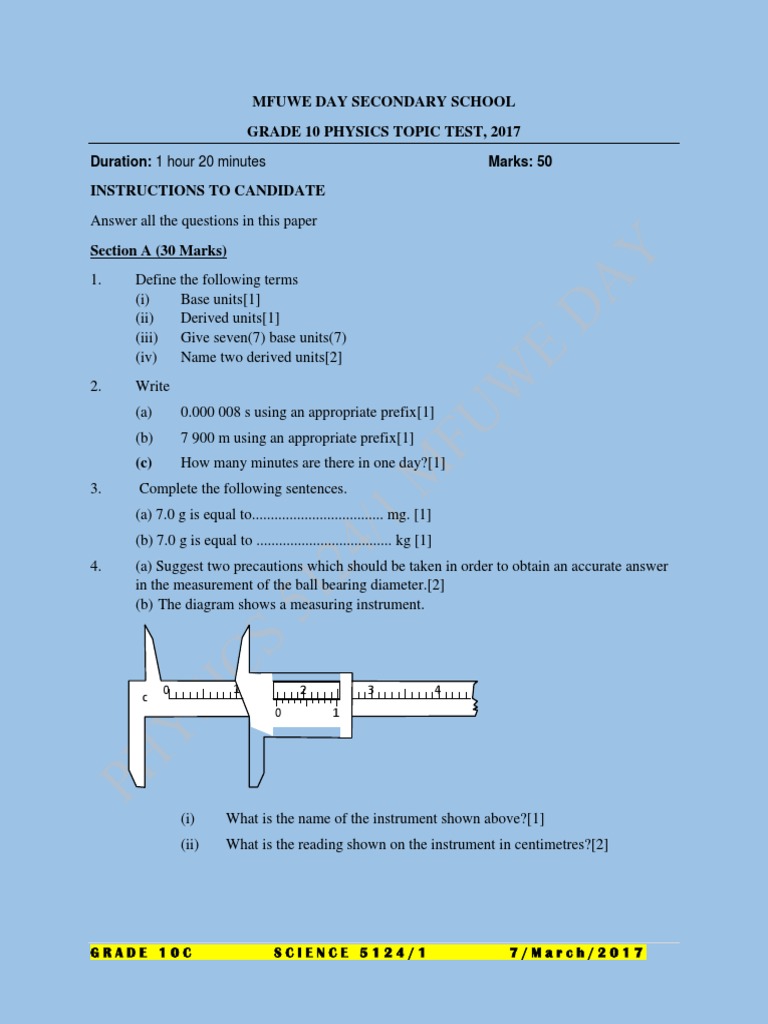 Grade 10 Physics Topic Test 2017 | PDF | Measurement | Scientific ...