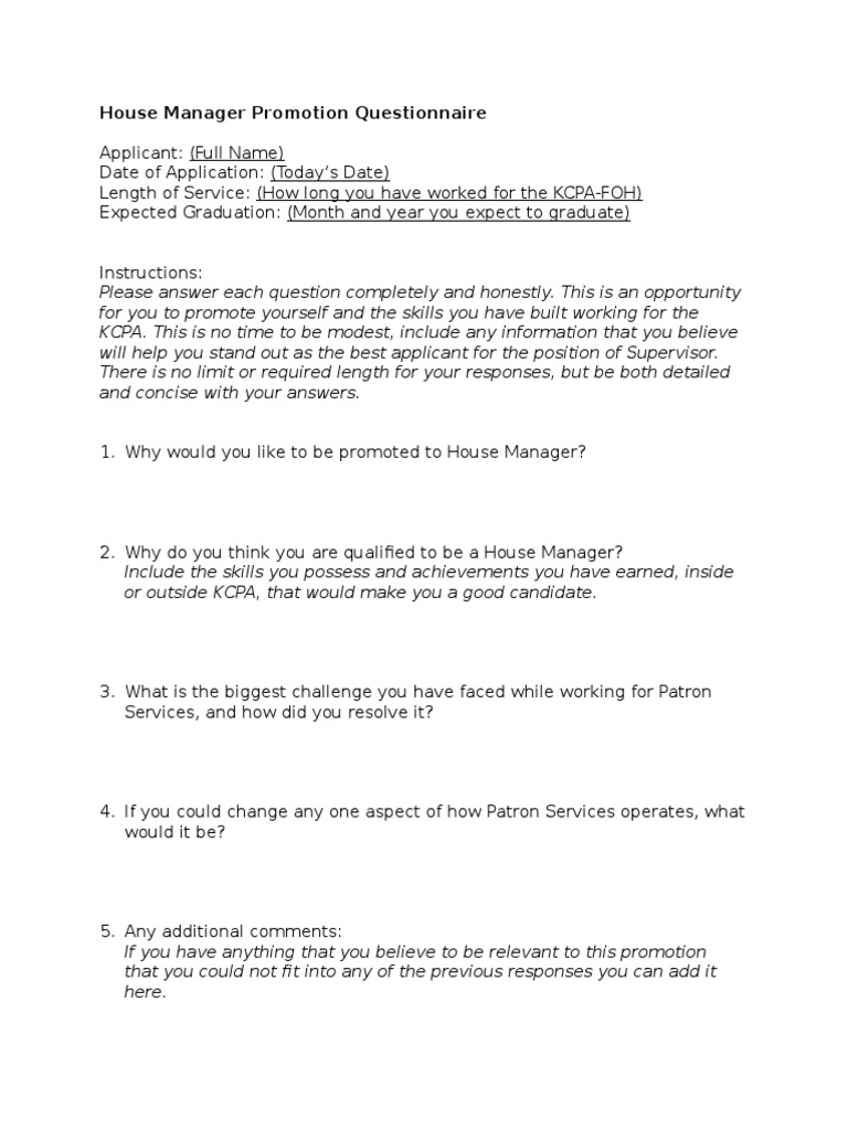 House Manager Promotion Questionnaire | PDF