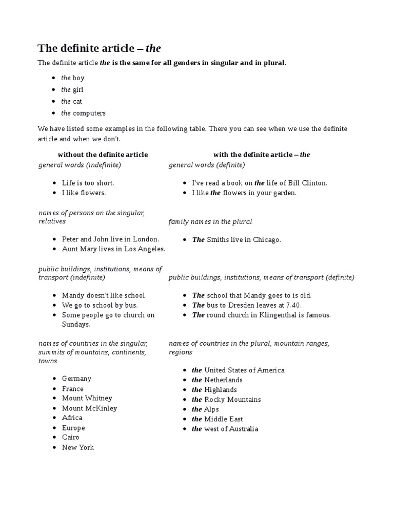 Definite Article, Explanation and Exercises | PDF