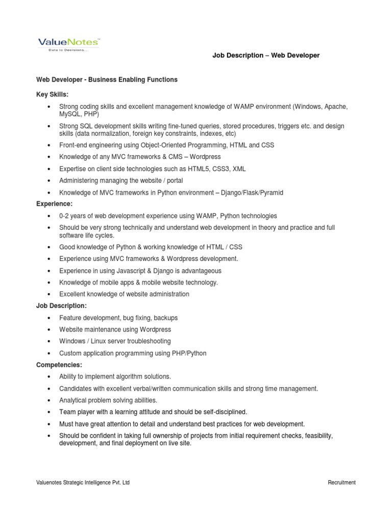 Web Developer Job Description at Valuenotes | PDF | Business ...