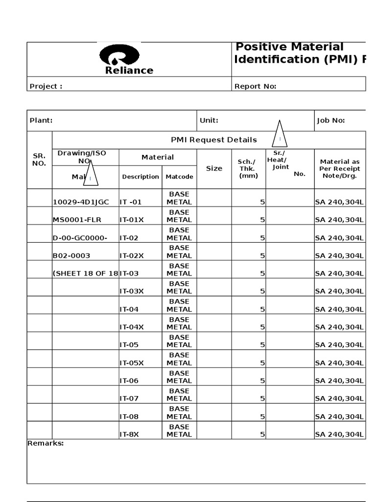 Reliance: Positive Material Identification (PMI) Report | PDF | Nature