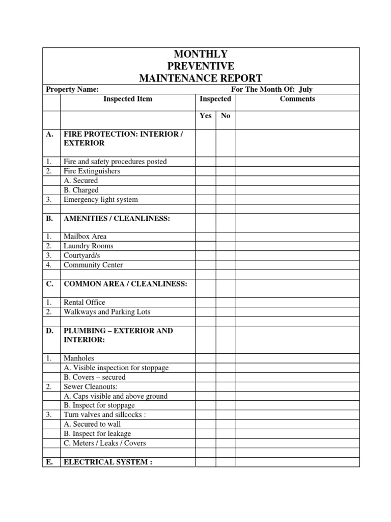 Monthly Preventive Maintenance Report | PDF