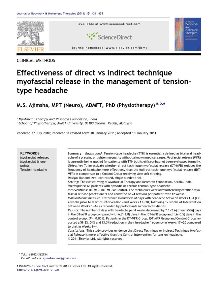 Effectiveness of Direct Vs Indirect Technique Myofascial Release in The ...