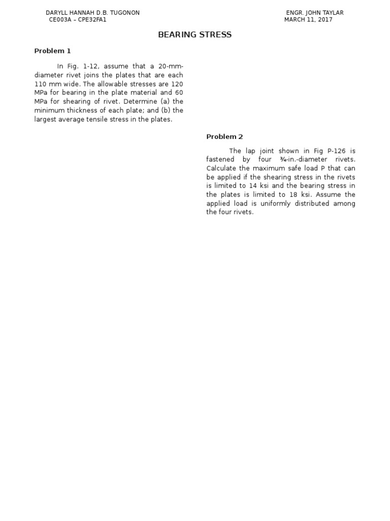 Bearing Stress Sample Problems | PDF | Rivet | Stress (Mechanics)