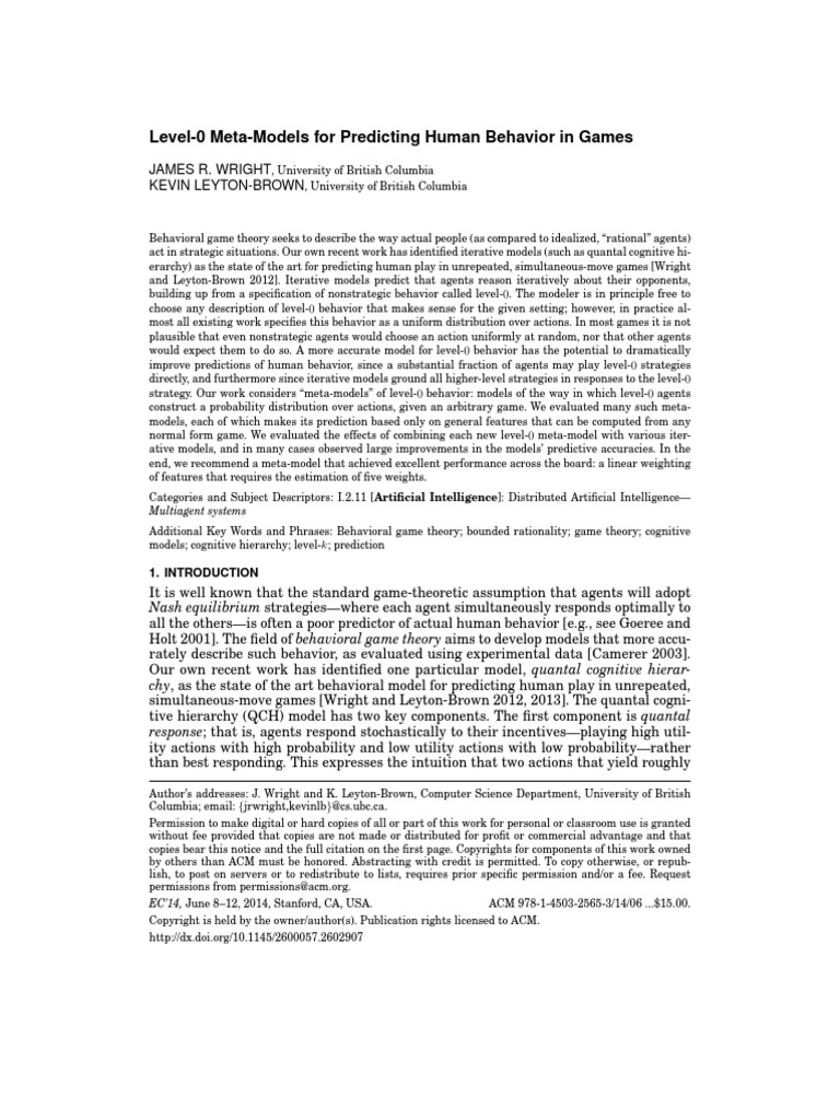 Level-0 Meta-Models For Predicting Human Behavior in Games | PDF