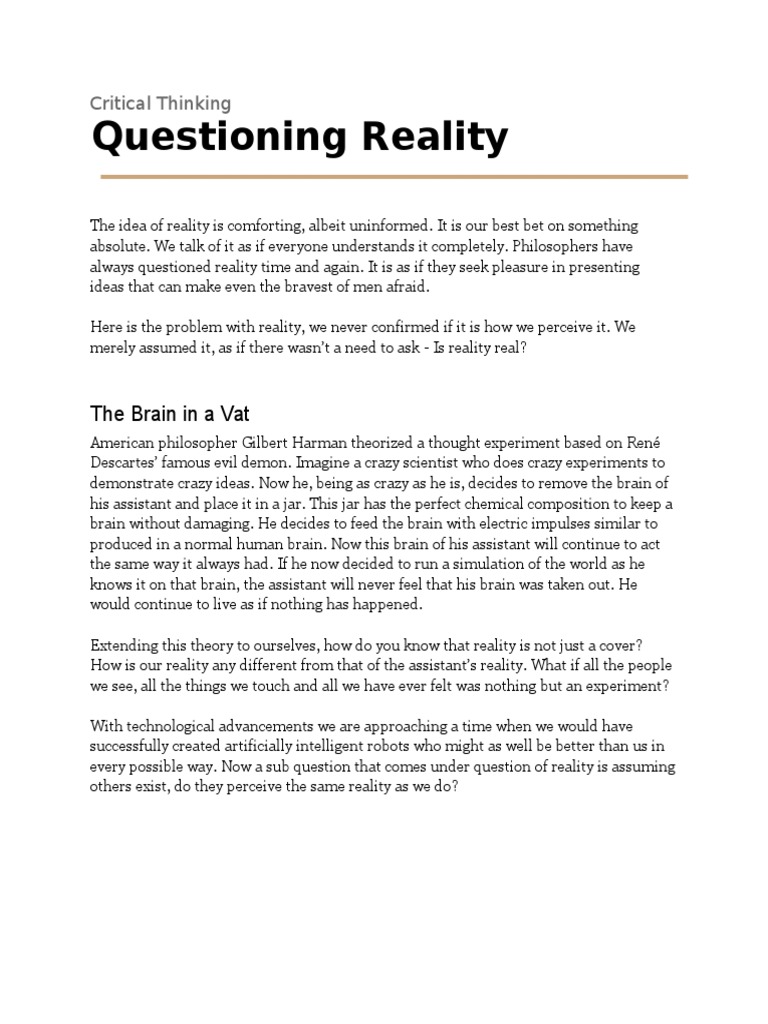 Questioning Reality: The Brain in A Vat | PDF | Reality | Metaphilosophy