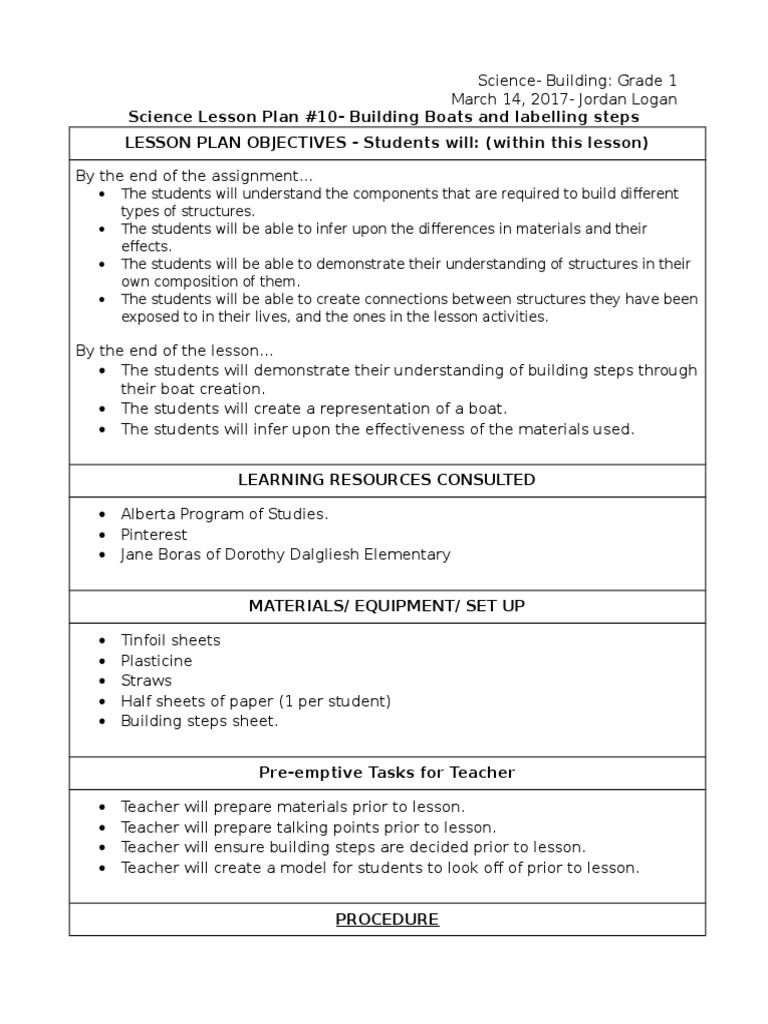 Grade 1 Boat Building Lesson Plan | PDF | Lesson Plan | Sharing