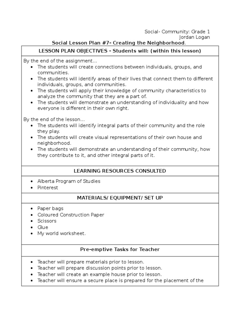 social lesson plan 7- creating the neighborhood | Worksheet | Lesson Plan