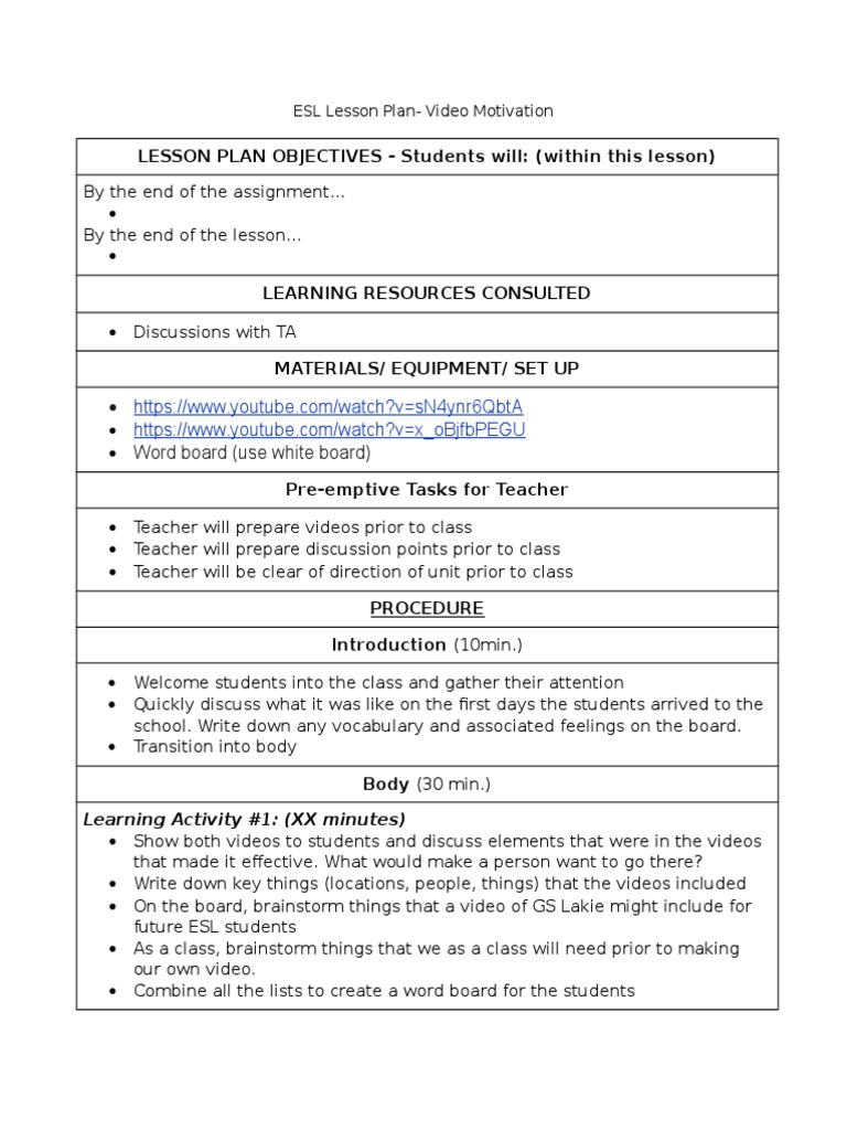 Esl Lesson Plan - Motivation For Video Unit | PDF | Career & Growth | Art