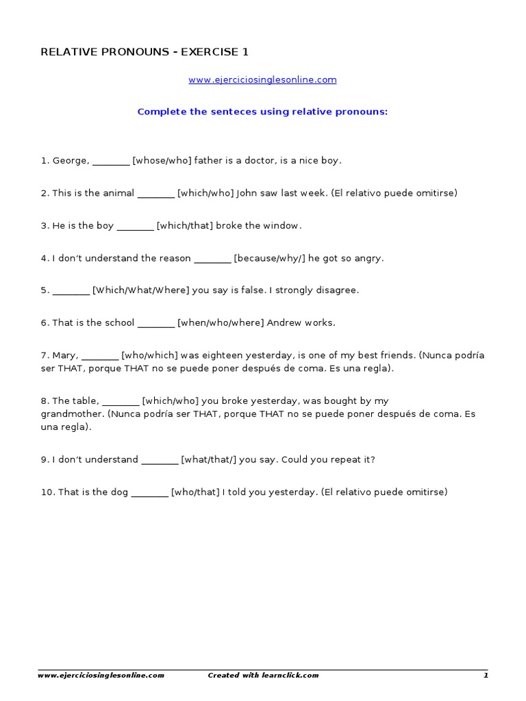 Relative Pronouns Exercise 1 | PDF