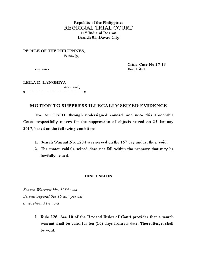 Motion To Suppress Illegally Seized Evidence | Download Free PDF ...
