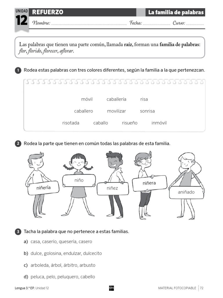 Unidad 12 Refuerzo - lengua 3 primaria sm | Plural | Noun