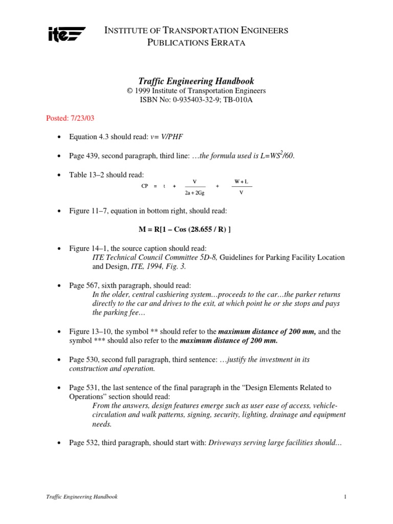 Traffic Engineering Handbook Errata 7-23-03 | PDF | Traffic ...