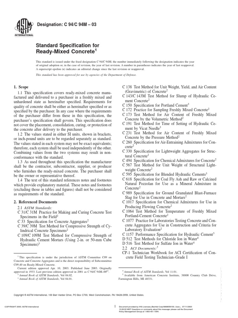 ASTM C94 C94M 03 Ready Mixed Concrete | PDF | Weighing Scale | Concrete