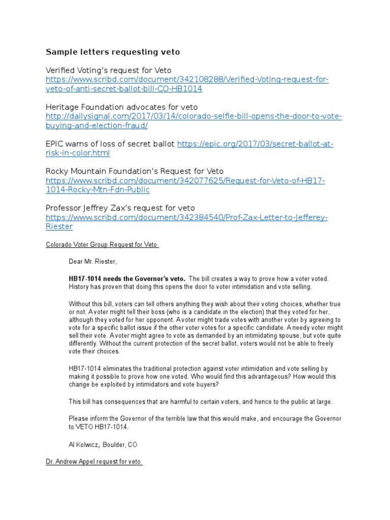 Verified Voting's Request For Veto: Sample Letters Requesting Veto ...