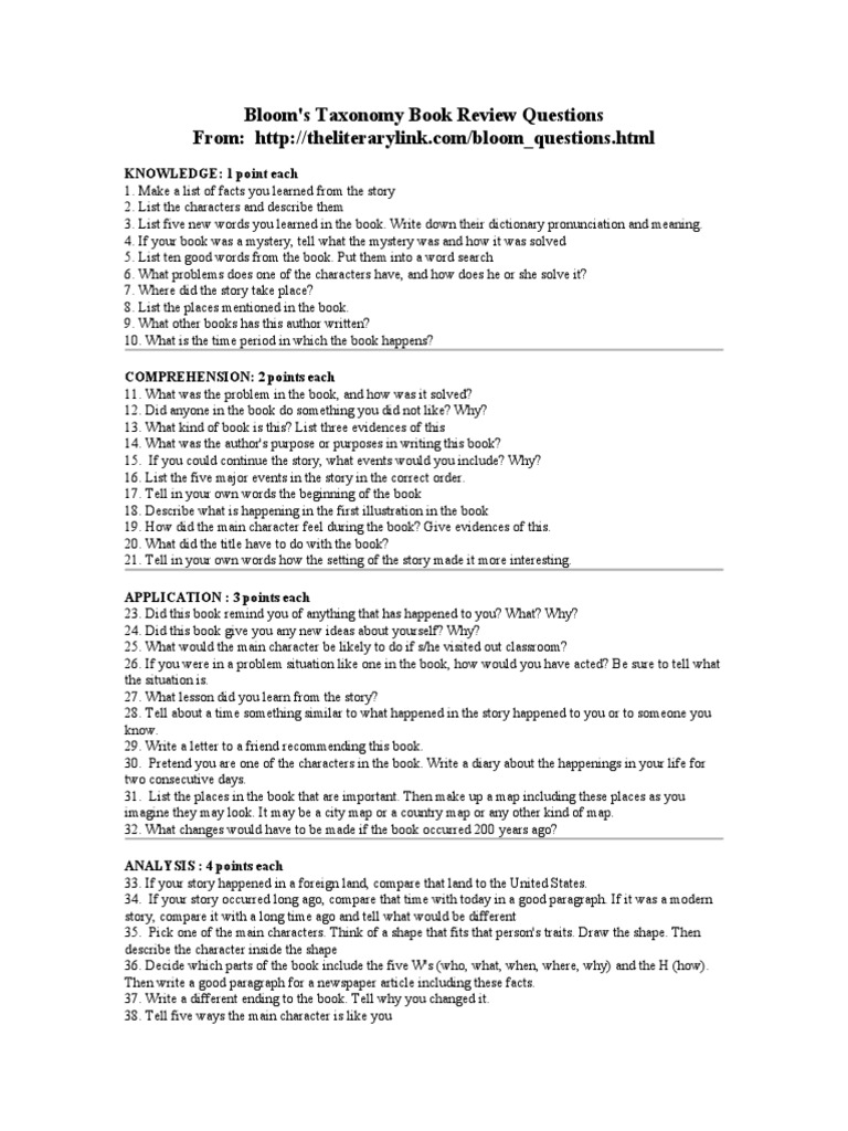 Bloom's Taxonomy Book Review Questions | PDF | Books | Communication