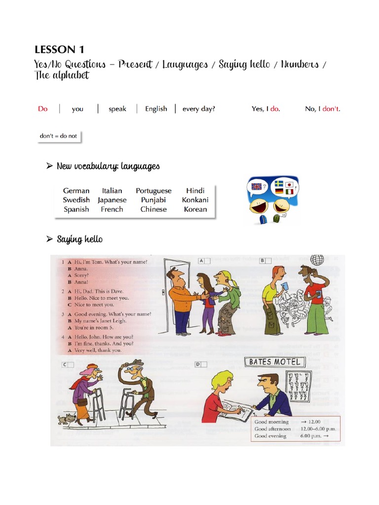 Yes/No Questions - Present / Languages / Saying Hello / Numbers / The ...