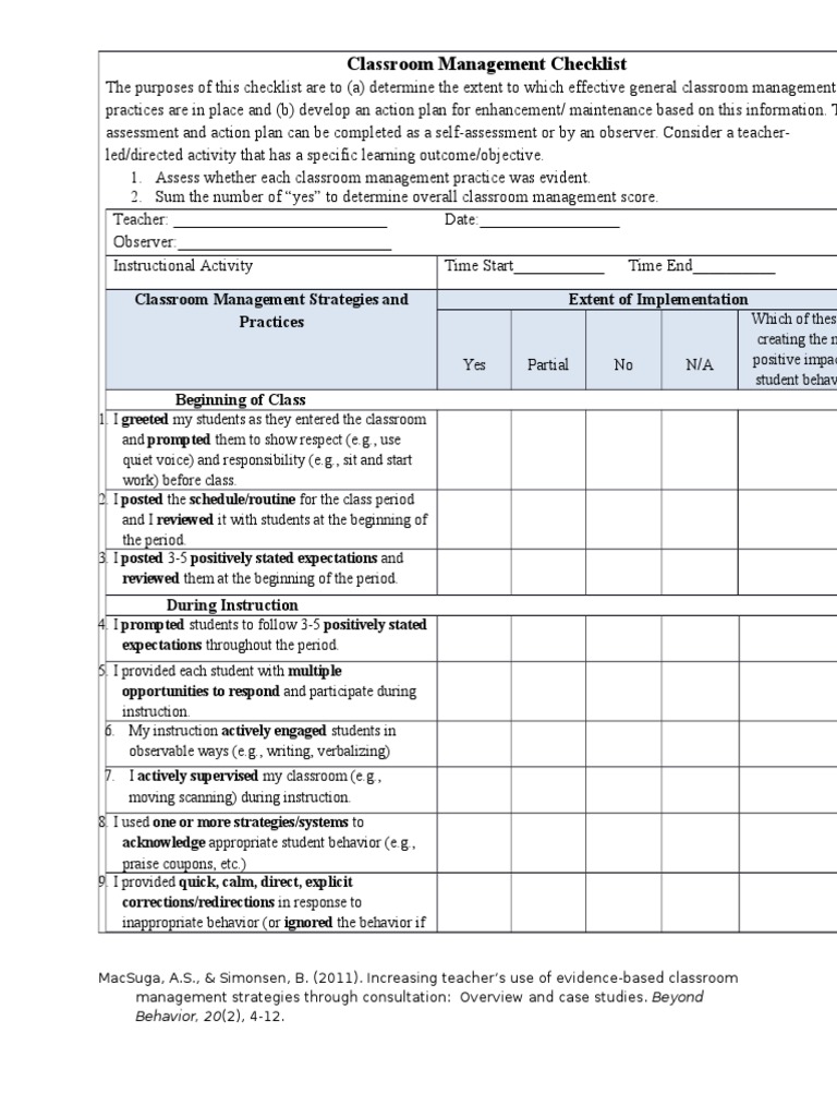 Classroom Management Evaluation Checklist | PDF | Classroom Management ...