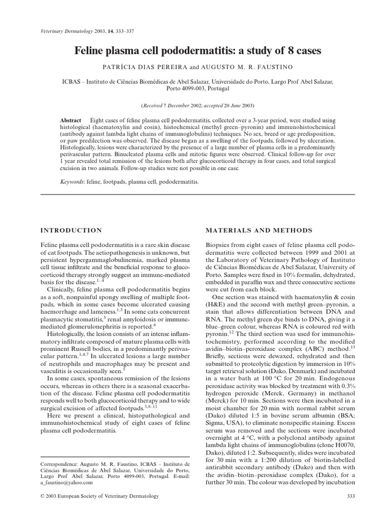 Feline plasma cell pododermatitis- a study of 8 cases (pages 333–337 ...