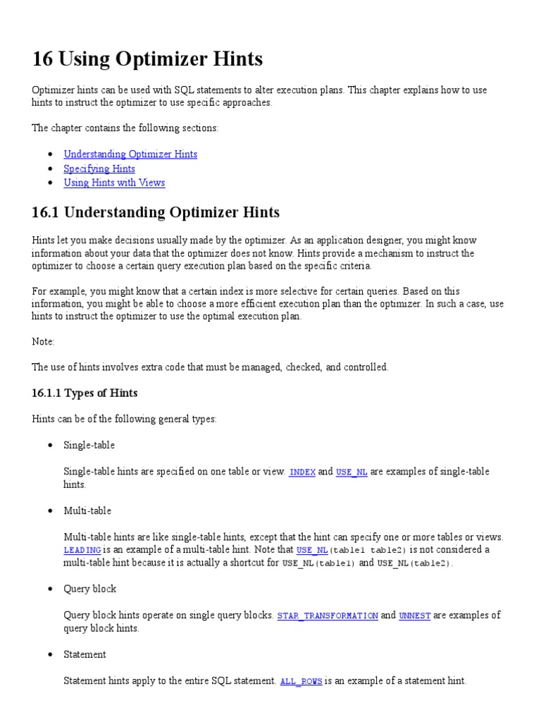 Oracle Optimizer Hints Using Pdf Sql Database Index 