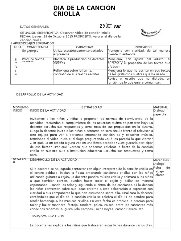 Celebración del Día de la Canción Criolla | PDF | Artes del Lenguaje y ...