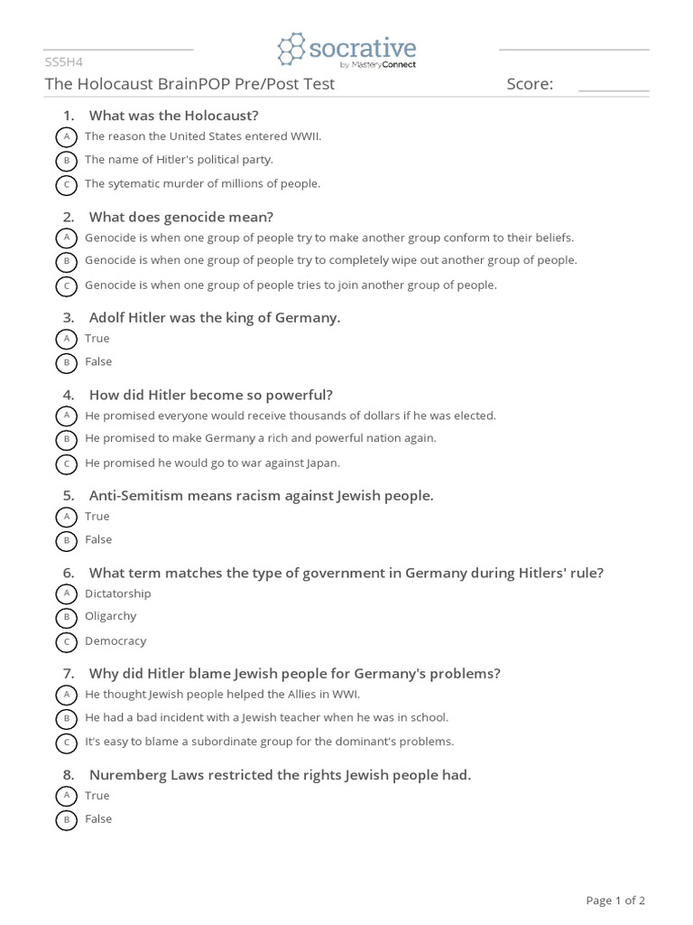 Holocaust Pre/Post Test Questions | PDF | History