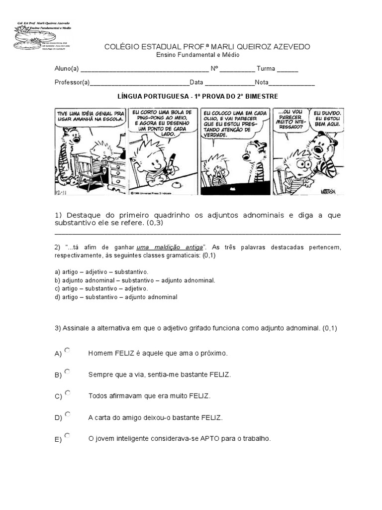Prova Adjunto Adnominal 8 Ano 1 Prova 2 Bim | Lógica | Idiomas