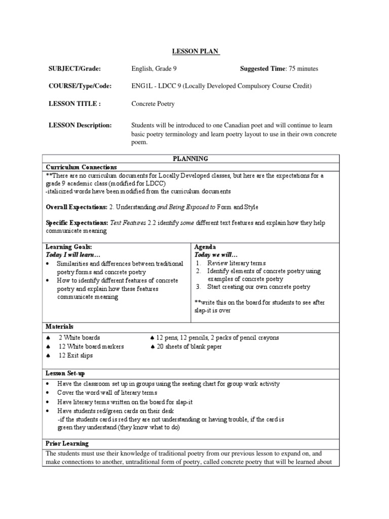 Lesson Plan - Concrete Poetry LDCC | PDF | Poetry | Curriculum