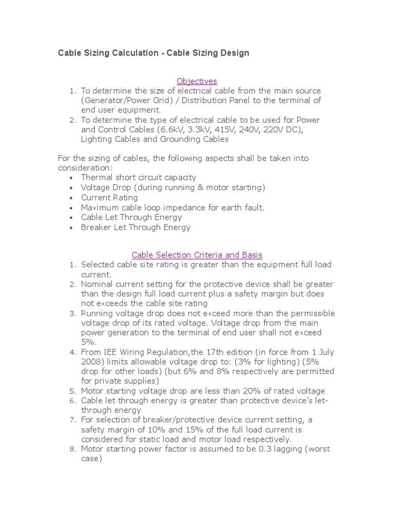 Cable Sizing Calculation - Cable Sizing Design: Objectives | PDF ...