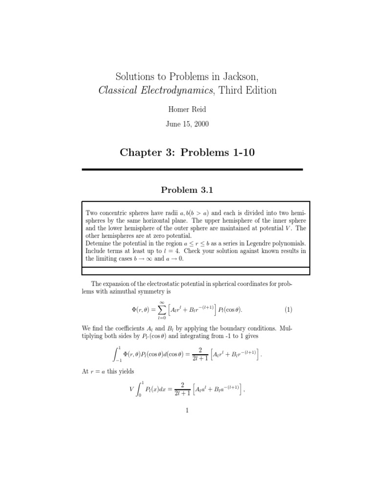 Solutions To Problems in Jackson, Classical Electrodynamics, Third Edition | PDF | Sphere ...