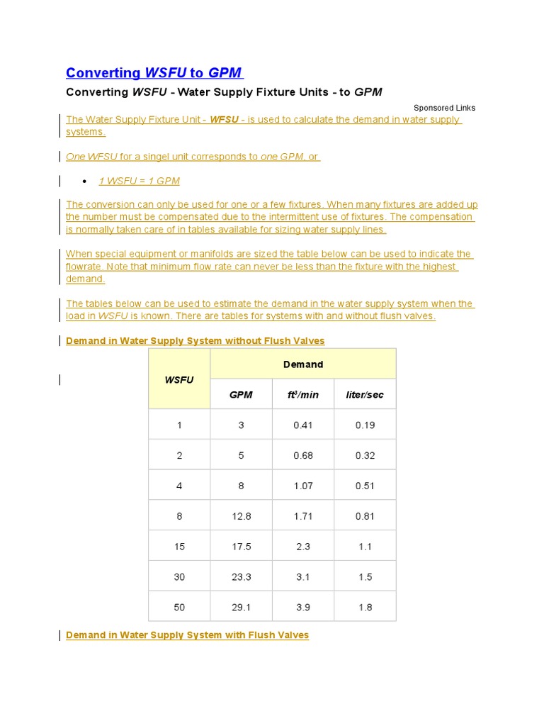 Converting WSFU to GPM | Tap (Valve) | Hydraulic Engineering