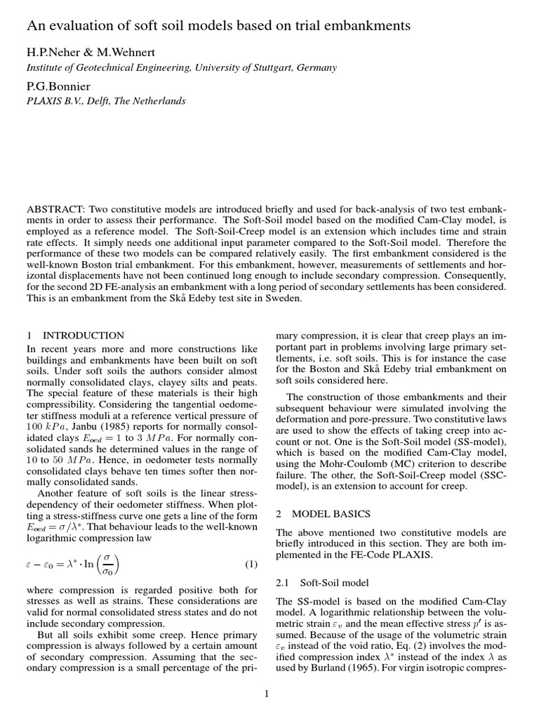 Soft Soil Model Evaluation via Embankments | PDF | Deformation ...