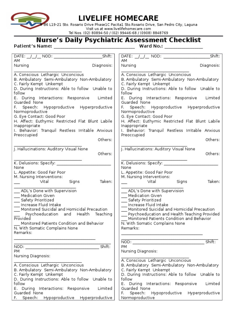 Livelife Homecare: Nurse's Daily Psychiatric Assessment Checklist | PDF ...