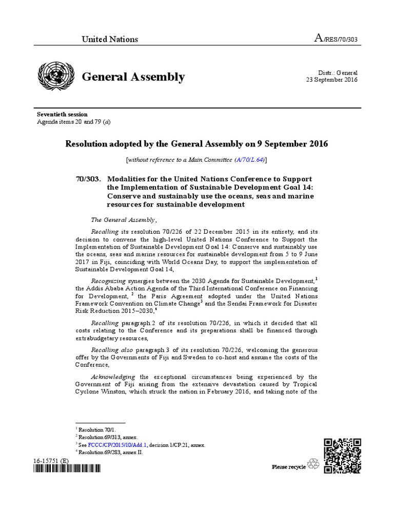 UNGA Resolution 70:303 - Modalities For The UN Conf To Support The ...